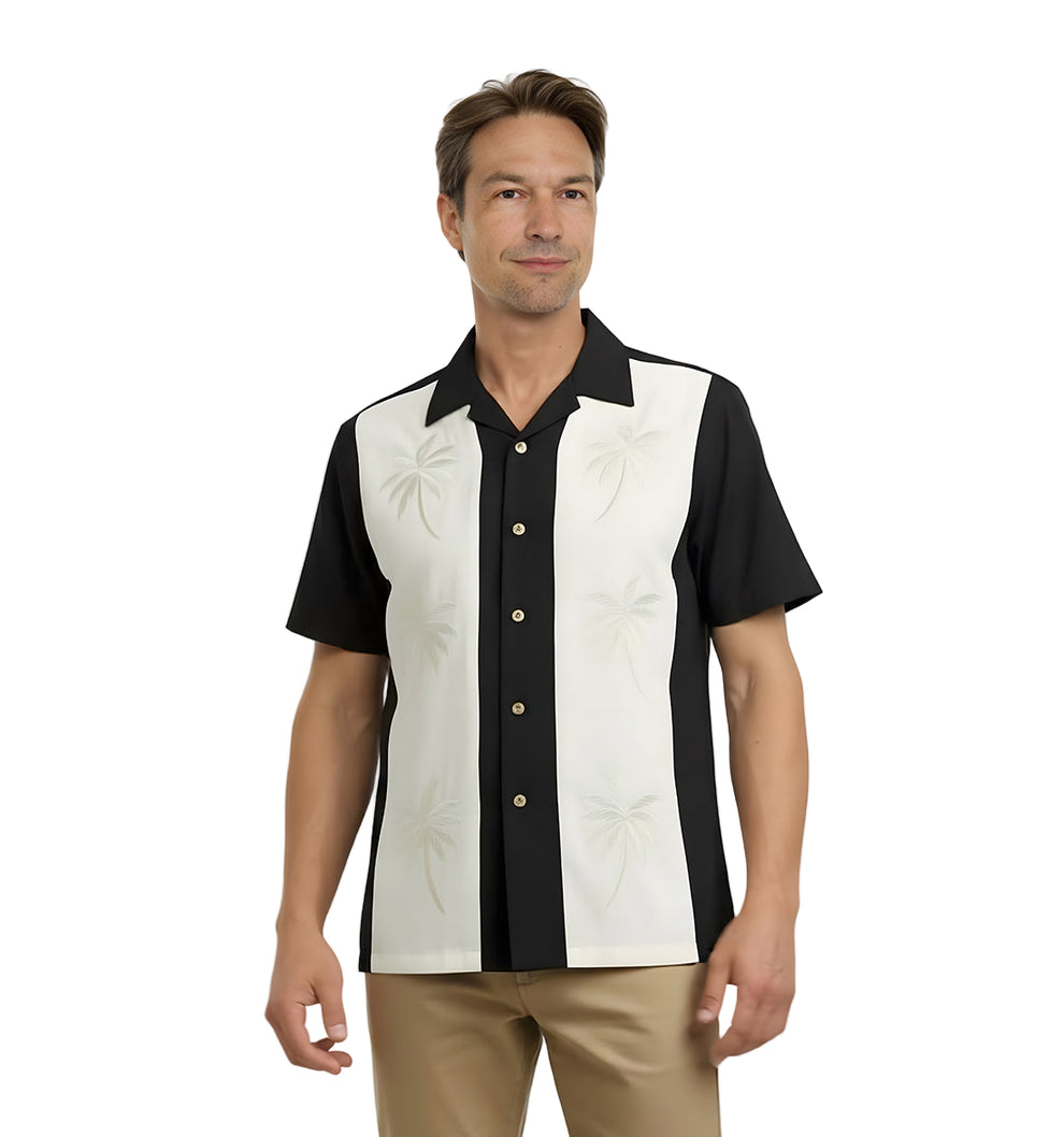 Paneled Palms Embroidered Polynosic Camp Shirt by Bamboo Cay - Black ...